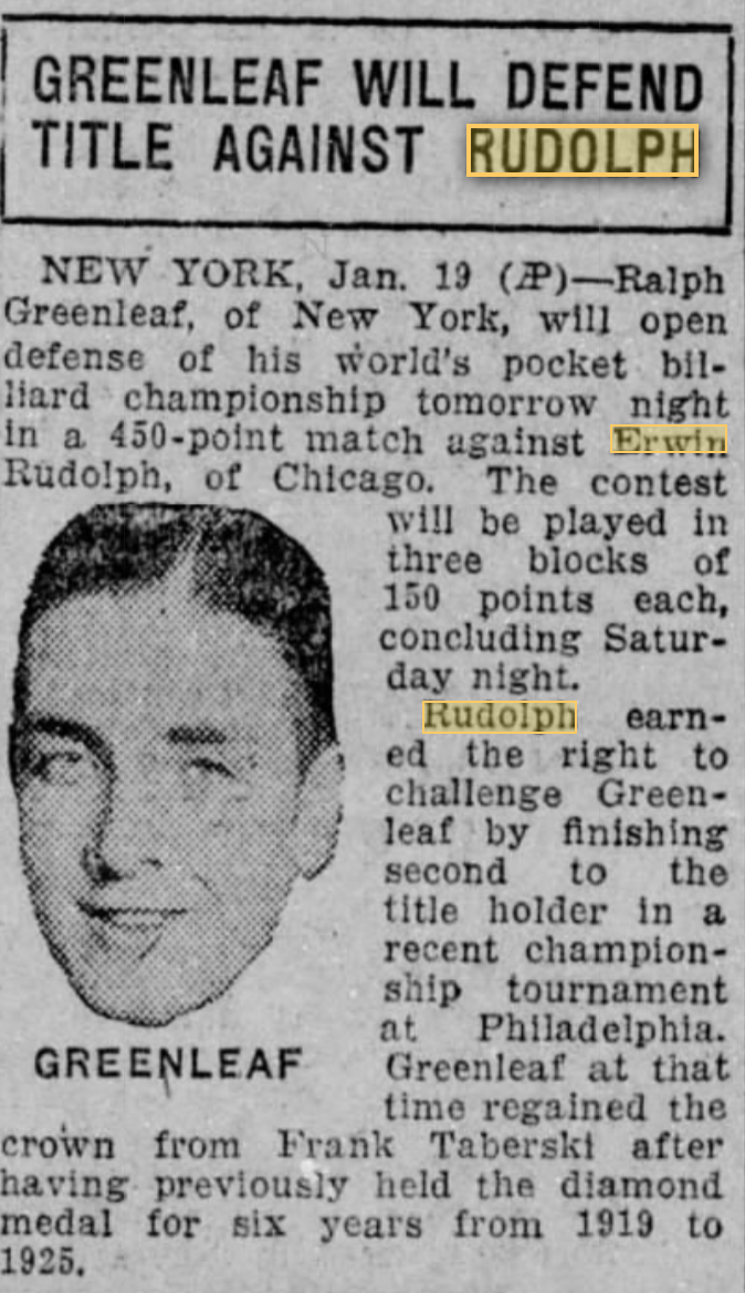 1927 World Title: Ralph Greenleaf versus Erwin Rudolph - Pool History